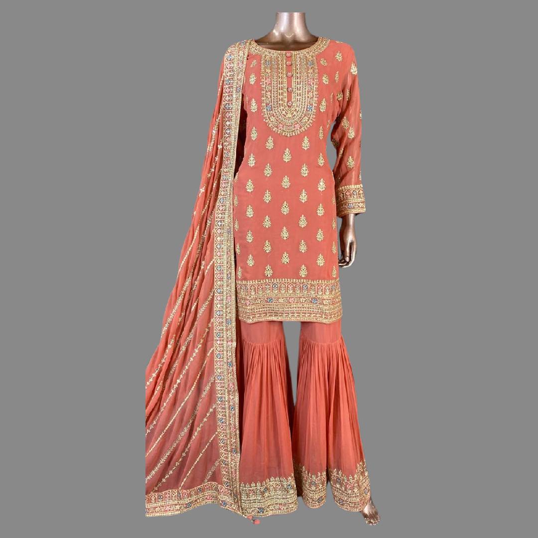 Designer Indian Suit in Chinon- Pastel Orange – Pink Berries