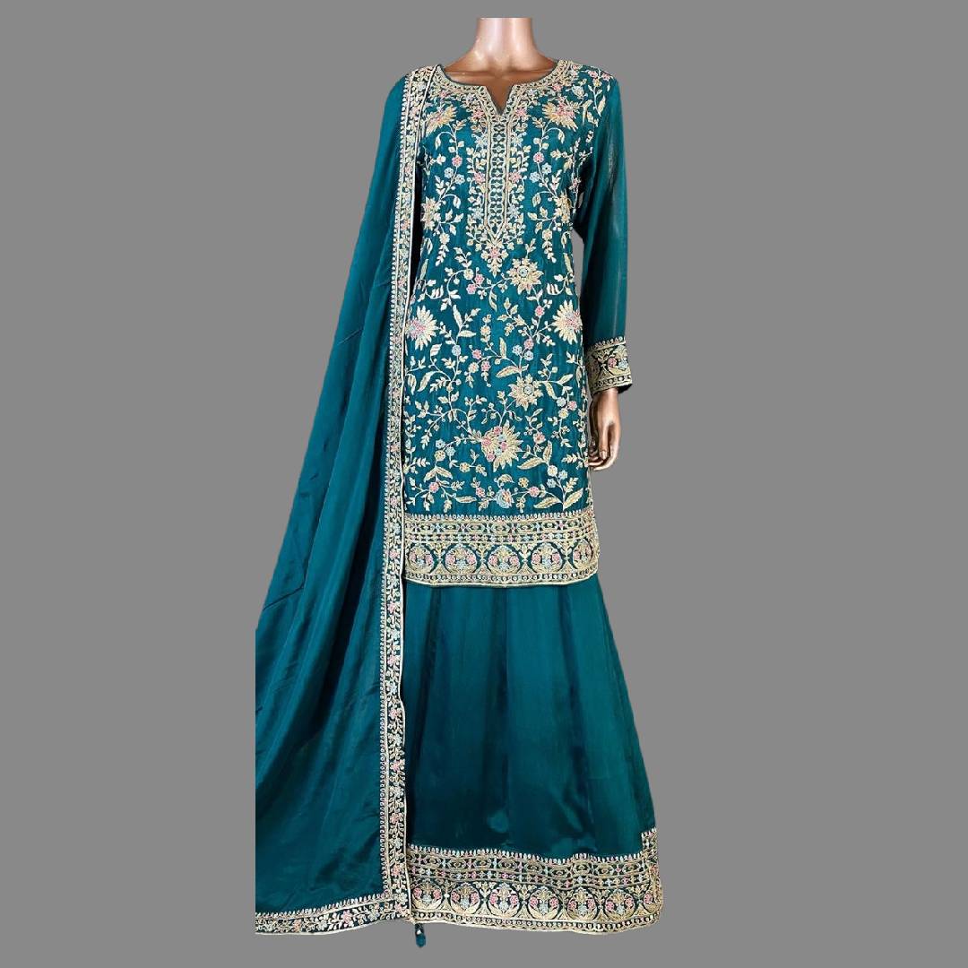 Designer Zari Embroidered Work Palazzo Suit – Dark Firozi – Pink Berries